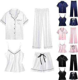 Generic Pyjama 4 pièces pour femme, vêtements de nuit en fausse soie, vêtements de nuit classiques décontractés, légers et confortables, vêtements de nuit pol