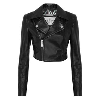 Philipp Plein Femme, Vestes, Noir, Taille: 42 FR Cropped Leather Biker Jacket LS Flame Racing