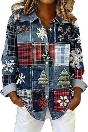 Generic Pull de No&euml;l pour femme - Chemise &agrave; carreaux dautomne et dhiver - Patchwork P&egrave;re No&euml;l - Chemise imprim&eacute;e amusante - Doux et confortable - Haut de No&euml;l