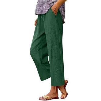 Generic Pantalon en lin pour femme d&eacute;contract&eacute; et ample Palazzo en coton et lin - Jambe large - Cordon de serrage - Taille &eacute;lastique avec poches - Pantalon de