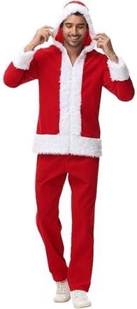 Generic Costume de P&egrave;re No&euml;l pour homme avec bordure blanche - Costume de P&egrave;re No&euml;l en velours rouge avec fermeture &eacute;clair - Haut avec capuche et pantalon - T
