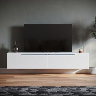 Sonni TV Board M&ouml;bel H&auml;ngend TV Schrank Board mit 2 Klappt&uuml;ren Wei&szlig; Hochglanz 160x35x30cm mit Einstellbar LED Beleuchtung