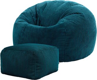 Icon Brand Kingston Sitzsack mit Hocker Cord, Blaugrün, Sitzsack Erwachsene mit Füllung, Bean Bag, Cord Sessel, Lounge Sessel, Lounge Stuhl, Schlafzimmer, Wohnzi