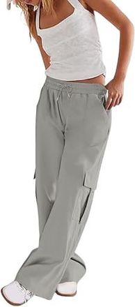 Generic Pantalon décontracté pour femme avec poches élastiques à la taille et poches amples Pantalon long cargo Pantalon décontracté pour femme, gris, L