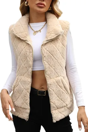Feoya Teddy Fleece Weste Damen Pl&uuml;schweste mit Taschen L&auml;ssig &Auml;rmellose Herbstmantel Stehkragen Teddyjacke Winter Beige XL