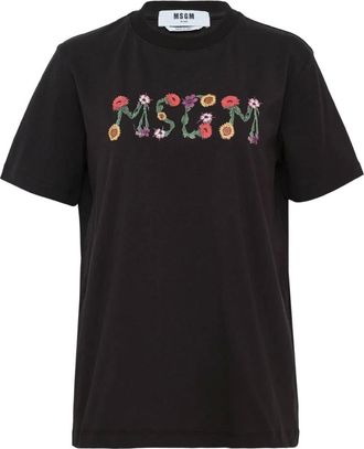 Msgm Msgm, Femme, Tops, Noir, Taille: 40 FR T-Shirt &agrave; manches courtes avec imprim&eacute; logo floral sur le devant
