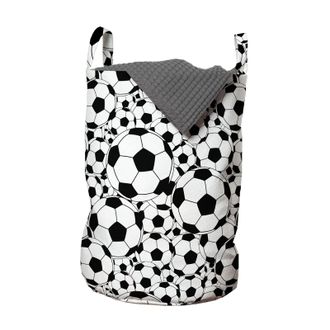 Abakuhaus Fußball Wäschesack, Monochrome Balls Jungen, Wäschekorb mit Griffen Kordelzugverschluss für Waschsalons, 33 cm breit x 49 cm hoch, Weiß Schwarz