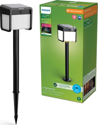 Philips Ezra ultraeffiziente Solar-Sockelleuchte für den Außenbereich mit Sensor, 3000K weißes Licht, 250/25lm, Schwarz