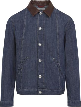 Brunello Cucinelli Homme, Vestes, Bleu, Taille: XL Veste &agrave; Col en Cuir