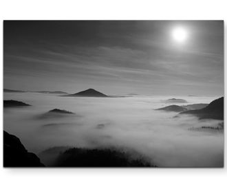 Paul Sinus Art Leinwandbilder | Bilder Leinwand 120x80cm Berge im Nebel bei Vollmond