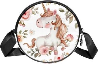 Generic Sac &agrave; bandouli&egrave;re rond pour femme, petit sac &agrave; bandouli&egrave;re romantique licorne avec fermeture &eacute;clair, bretelles r&eacute;glables, sac &agrave; main rond d&eacute;contract&eacute; 