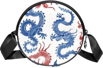 Generic Petit sac &agrave; bandouli&egrave;re rond pour femme, sac &agrave; bandouli&egrave;re motif dragons, sac &agrave; dos avec fermeture &eacute;clair, bretelles r&eacute;glables, sac &agrave; main rond d&eacute;cont