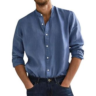 Generic Chemises pour homme col grand-p&egrave;re manches longues col &agrave; bandes chemises en lin chemises coupe r&eacute;guli&egrave;re couleur unie chemise de plage loisirs robe d&eacute;