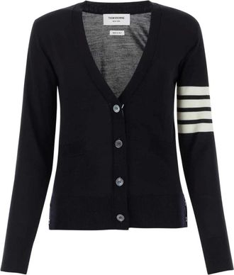 Thom Browne Femme, Pulls, Noir, Taille: 36 FR Cardigan Coupe D&eacute;contract&eacute;e en Laine M&eacute;rinos Fine &agrave; 4 Barres