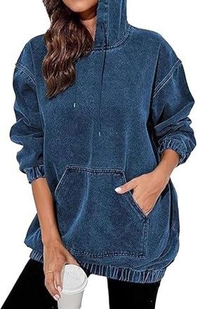 Generic Sweat &agrave; capuche surdimensionn&eacute; pour femme - Veste en jean vintage avec poches - D&eacute;lav&eacute; &agrave; lacide, noir fonc&eacute;, XXL