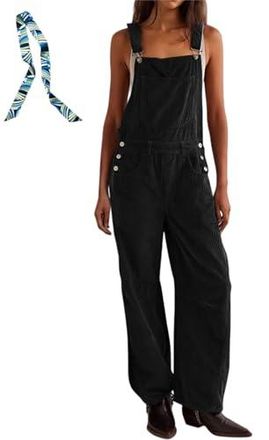 Generic Salopette ample en velours c&ocirc;tel&eacute; pour femme, combinaison &agrave; jambes larges, bretelles r&eacute;glables d&eacute;contract&eacute;e avec poches, Noir, XL