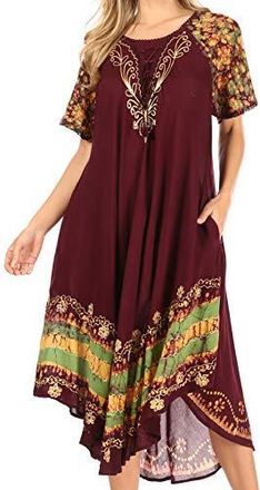 Sakkas 16403 - Elisha mi-Longueur Batik Caftan brod&eacute; Manches Cap Floral Pattern - Chocolat/Vert - OS