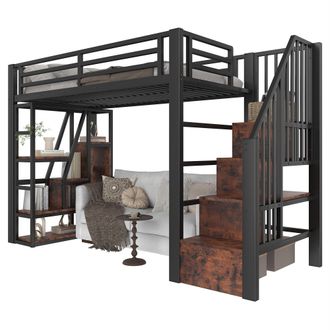 STILVORA Letto A Soppalco 90 X 200 Cm Con Led, Scaffali, Scala Di Stoccaggio E Sponde, Senza Materasso, In Metallo, Nero