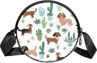 Generic Sac &agrave; bandouli&egrave;re rond pour femme, motif cactus teckel, petit sac &agrave; bandouli&egrave;re avec fermeture &eacute;clair, bretelles r&eacute;glables, sac &agrave; main rond d&eacute;contract