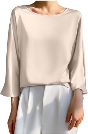 Generic Chemisier à manches 3/4 en satin léger à col rond pour femme - Haut décontracté - Coupe ajustée - Chemisier de travail pour le bureau - Haut 3/4 - Pou
