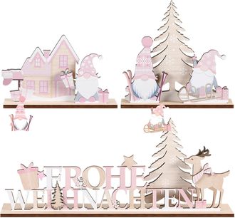 Jetec 3 Stück Deko Aufsteller aus Holz Rosa Weihnachtsdeko Innen Frohe Weihnachten Schriftzug Schild Weihnachten Tisch Dekoration Aufsteller zum Hinstellen 