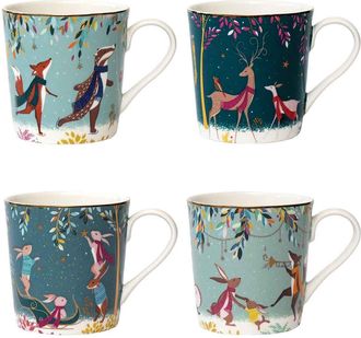 Sara Miller Sara Miller Woodland Tales Collection Weihnachtstassen-Set mit 22-karätigem Gold mit Details, 4er-Set