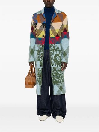 Dries Van Noten Argyle and Floral Knit Coat - Blue