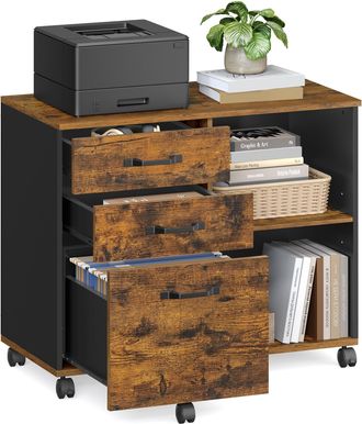 Vasagle Rollcontainer, Aktenschrank, mit 3 Schubladen und Rollen, offene Fächer, für Dokumente in DIN A4-, Letter-Format, Druckerständer, Industrie-Design, vi