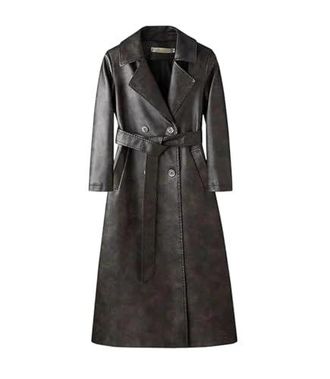 Generic Trench-coat en simili cuir pour femme - Veste longue dhiver double boutonnage &agrave; revers crant&eacute;, Noir, M