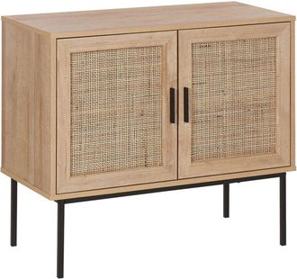 Beliani Modernes Sideboard 2 Rattan-Türen Heller Holzfarbton Schwarze Metallbeine Pasco