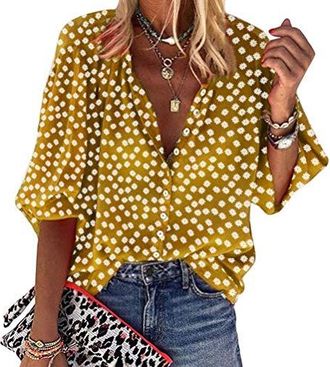 Onsoyours Chemisier Femme Chic Dentelle Tunique avec Col en V Femme Tops Manche Longue Hauts Casual Tops Élégant Chemise Mousseline De Soie Blouse Demi Manche C