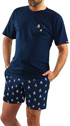 Sesto Senso Pyjama Voiliers Homme Court Coton Ensemble Shorts T-Shirt Manches Courtes Bleu foncé 4XL 2556/10 DRUK