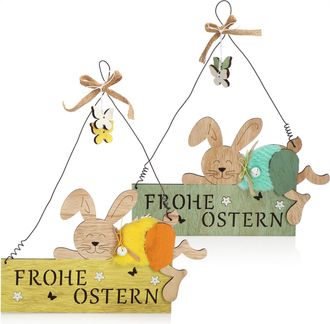 Com-Four 2x Türschild FROHE OSTERN - Deko-Schild aus Holz für Ostern - Osterdeko mit Osterhase - Hänge-Deko für Haustüren, Wände, Fenster (rosa/grün - 02 Stück