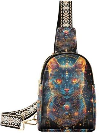 Mnsruu Petit sac &agrave; bandouli&egrave;re en cuir pour femme, style chat galaxie, &Eacute;gypte ancienne, sac de poitrine, Multicolore 56, Taille unique