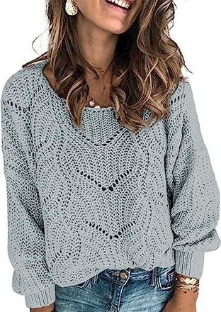 Dokotoo Pull Femme Chic et Élégant Pulls Hiver Chaud Hauts Col Rond à Manches Longues Pullover Tricoté Sweat, Gris, L