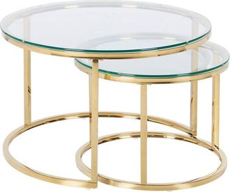 Beliani Beliani - Set 2 Tables Basses Caf&eacute; Plateau en Verre Tremp&eacute; Rond et Cadre en M&eacute;tal Dor&eacute; Grange