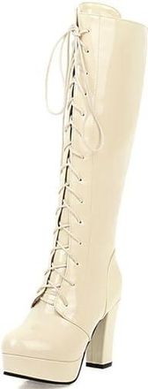 SJJH Bottes hautes avec lacets crois&eacute;s pour femme pour les soir&eacute;es et la vie quotidienne, talon de 10 cm, fermeture &eacute;clair lat&eacute;rale, beige, 41 EU