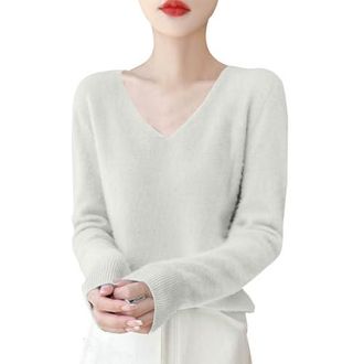 Generic Pull à col en V à manches longues pour femme - Couleur unie - Pull en tricot uni confortable - Col en V - Manches longues creuses - Chemises dautomne 