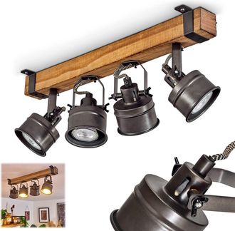 HOFSTEIN Deckenleuchte Pehefito, Deckenlampe im Vintage-Design aus Metall/Holz in Schwarz/Braun, Retro-Leuchte mit Holzbalken und verstellbaren Strahlern, 4-fl