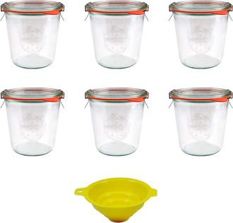 mikken Art 6 Weckgläser / Rundrandgläser in Sturzform 500 ml (auch gut geeignet für Kuchen im Glas) inkl. Klammern+Ringe und einem gelben Einfülltrichter mit Arr