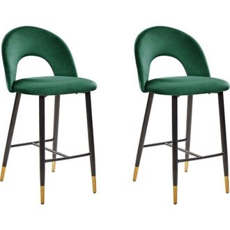 Beliani Ensemble de 2 Chaises de Bar Rétro en Velours Vert Émeraude Pieds en Acier Noir Détails Dorés Falton