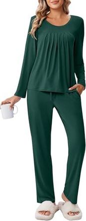 Ekouaer Pyjama Femme Coton Ensemble Pantalon Vêtements De Nuit Chaud Pyjama 2 Pièces Poche Élastique, Vert, XXL
