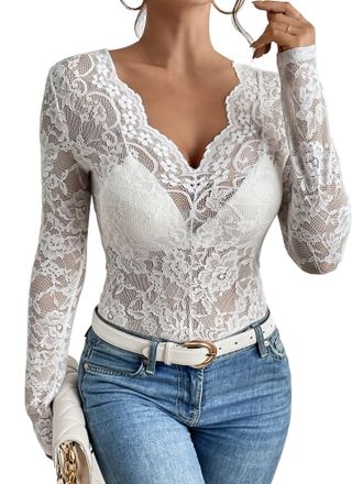 Feoya Damen Spitze Top Sexy Durchsichtig Oberteil Elegant Mesh Langarmshirt mit V-Ausschnitt Transparent Blumen Lace Bluse Weiß XXL