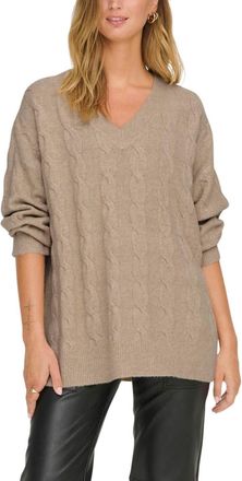 Only Damen ONLJEANETT Life L/S Cable V-Neck CC KNT Strickpullover 15324265,Humus/Detail:Melange,XS