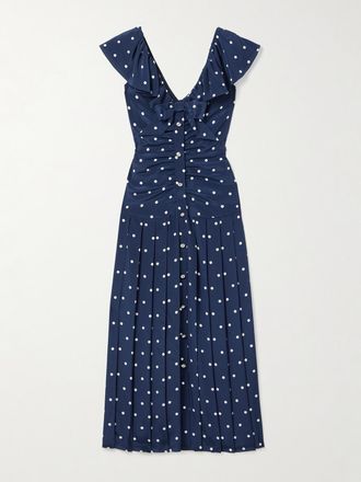 Alessandra Rich Midikleid Aus Cr&ecirc;pe De Chine Aus Seide Mit Polka-dots, Raffungen Und Falten - Blau