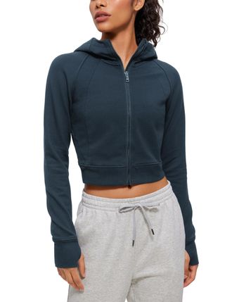 CRZ YOGA Damen Full Reißverschluss Fleece Hoodie Jacke Cropped Running Zip Up Laufjacke Workout Sport Sweatjacke mit Daumenloch Tinte Blau 44