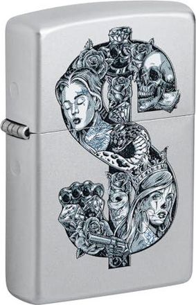 Zippo Sturmfeuerzeug - Tattoo Dollar, Satin Chrome, Color Image - Nachfüllbar - Wiederverwendbar - Windfestes Design - Geschenkbox - Made in USA