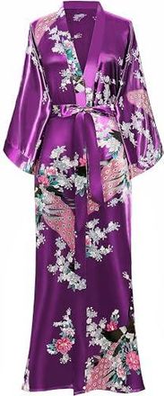 Babeyond Kimono Femme Long en Satin - Peignoir L&eacute;ger Imprim&eacute; Paon jusqu&agrave; la Cheville, Taille unique Grande taille, Violet Fonc&eacute;