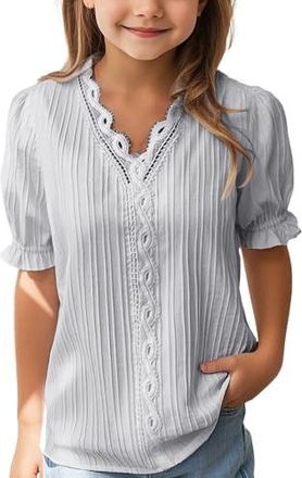 Generic Chemisier Chic Fille Manches Court - Haut Enfants Chic Et Elegant Tops Couleur Unie Chemise Col V Hauts avec Manches Shirt Respirant T-Shirt Soir&eacute;e Ch