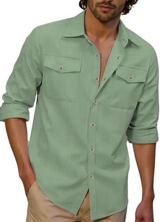 Generic Chemise de plage boutonn&eacute;e &agrave; manches longues en lin avec poches pour homme, vert clair, XXL